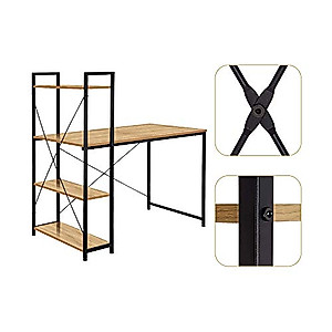 Coral Flower Tower Computer Desk with 4 Tier Shelves - 55'' Multi Level Writing Study Table with Bookshelves Modern Steel Frame Wood Desk Compact Home Office Workstation ，Natural Brown