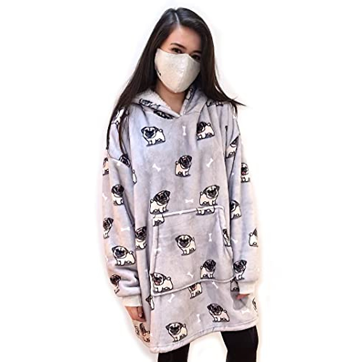 Pug Grey Dog Blanket Hoodie, Oversized Hoodie, 4XL Hoodie, Cute Dog Lover Gift, Comfortable Wearable Blanket, Pug Obsessed