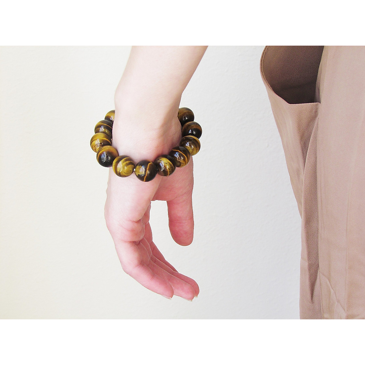 Om Shanti Crafts Tiger Stone Stretch Bracelet Tiger Beads Bracelet, Wear for Good Luck and Protection, 14mm Beads, Unisex (Fits 5"-7" Wrist) Yellow