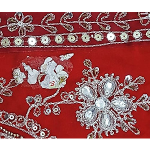 Peegli Indian Sarong Wrap Red Vintage Textile Georgette DIY Fabric Traditional Embroidered Cloth