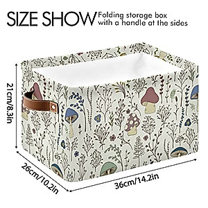 ZOEO Large Storage Basket, Mushroom Plant Flower Foldable Storages Box Organizer Bins with Leather Handles for Shelves Closet Bedroom, Theme Party