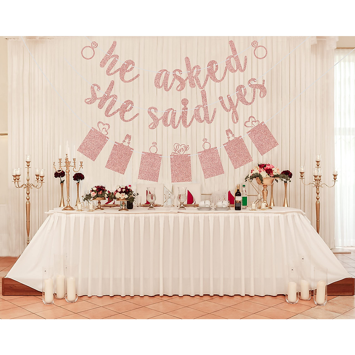 He Asked She Said Yes Banner, Engagement Banner and Photo Banner with Precious Memories, She Said Yes Decorations, Engagement Decorations, Engaged/wedding Party Decorations Rose Gold Glitter