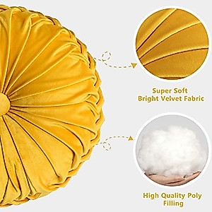 BRHF Pack 2 Boho 3D Pumpkin Throw Pillows, Decorative Round Velvet Pillows with Handcrafted Pleated Design, Retro Accent Meditation Pillows for Sofa Chair Dorm Car, 2 Pcs, Yellow, 14.5 inches Diameter