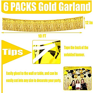 6 Pack 10 Feet Foil Fringe Garland Metallic Tinsel Streamers Banner Wall Hanging Curtain Backdrop for Parade Floats, Bachelorette, Wedding, Birthday, Halloween, Christmas Party Decorations(Gold)