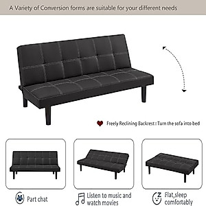 Modern Leather Sofa Bed Futon with Chrome Legs Convertible Folding Sofa Bed for Compact Living Spaces Apartments Dorms Black