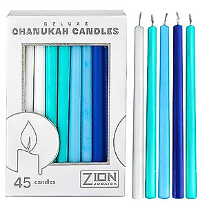 Festive Hanukkah Candles Box of 45 Multi-Blue Candles Thin Chanukah Menorah Candles with Prayer Card & DIY Dreidel Fits Standard Menorahs for All 8 Nights of Hanukah by Zion Judaica