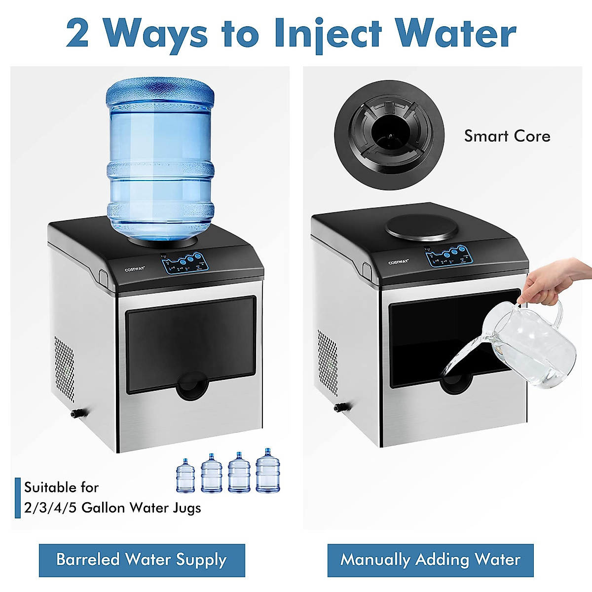 COSTWAY 2 in 1 Countertop Ice Maker Built-in Water Dispenser, 48LBS per Day, S/M/L Size Ice Cube, 5LBS Ice Storage Basket, Fast 6 Mins, Stainless Steel Ice Machine with Extendable Chilled Water Spout