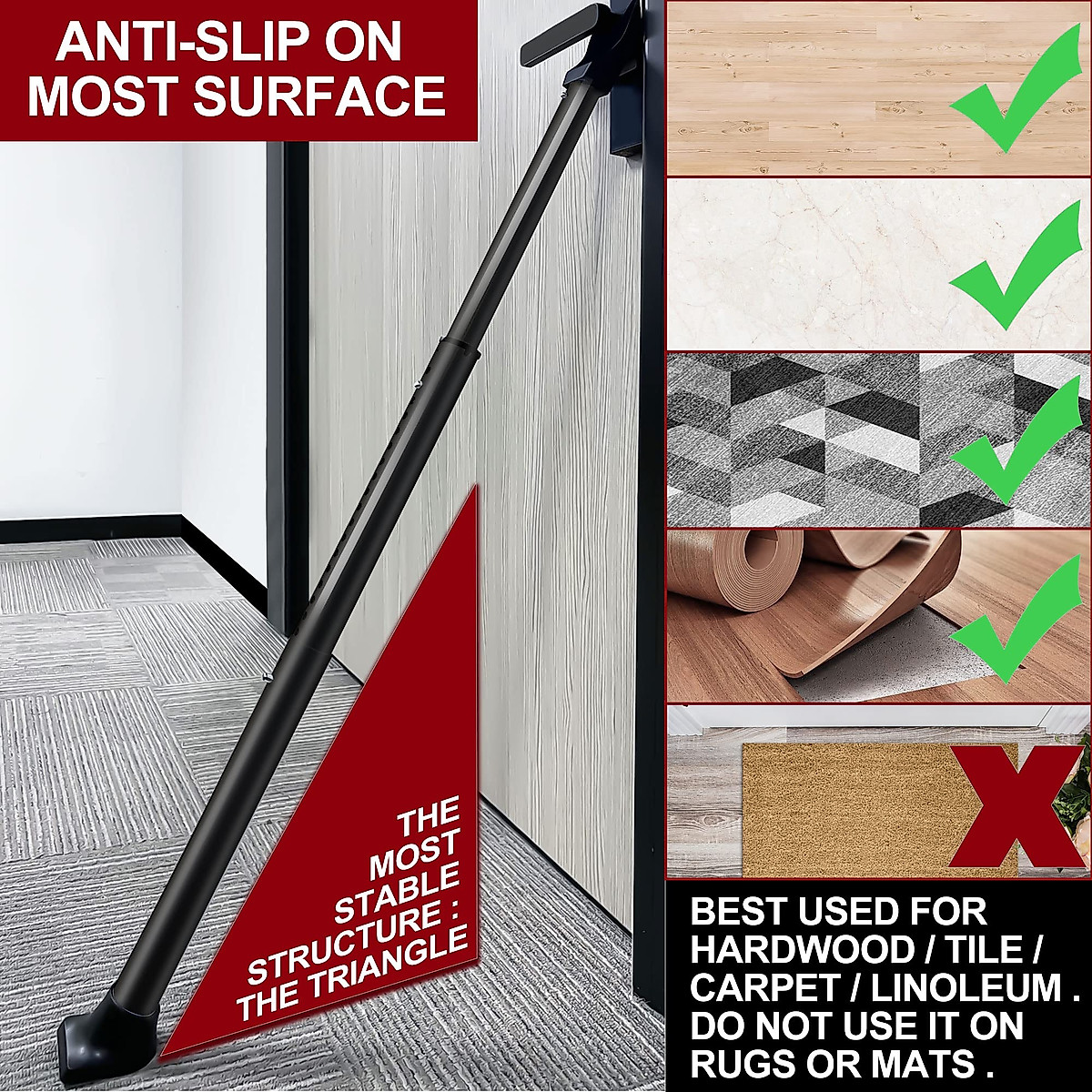 AceMining Upgraded Door Security Bar & Sliding Patio Bar, Heavy Duty Stoppers Adjustable Jammer for Home, Apartment, Travel (1 Pack,Black)