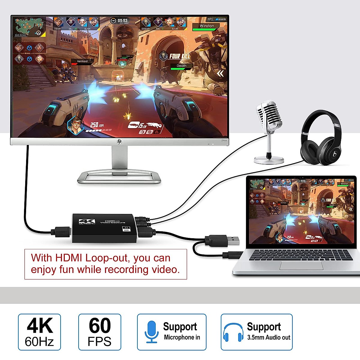 MOYOON Capture Card USB 3.0, 4K HDMI Video Capture Card to USB/Type-C with Microphone & HDMI Loop-Out, Capture Card 1080p 60fps for streaming, Compatible with Nintendo Switch/Game Console/Phone