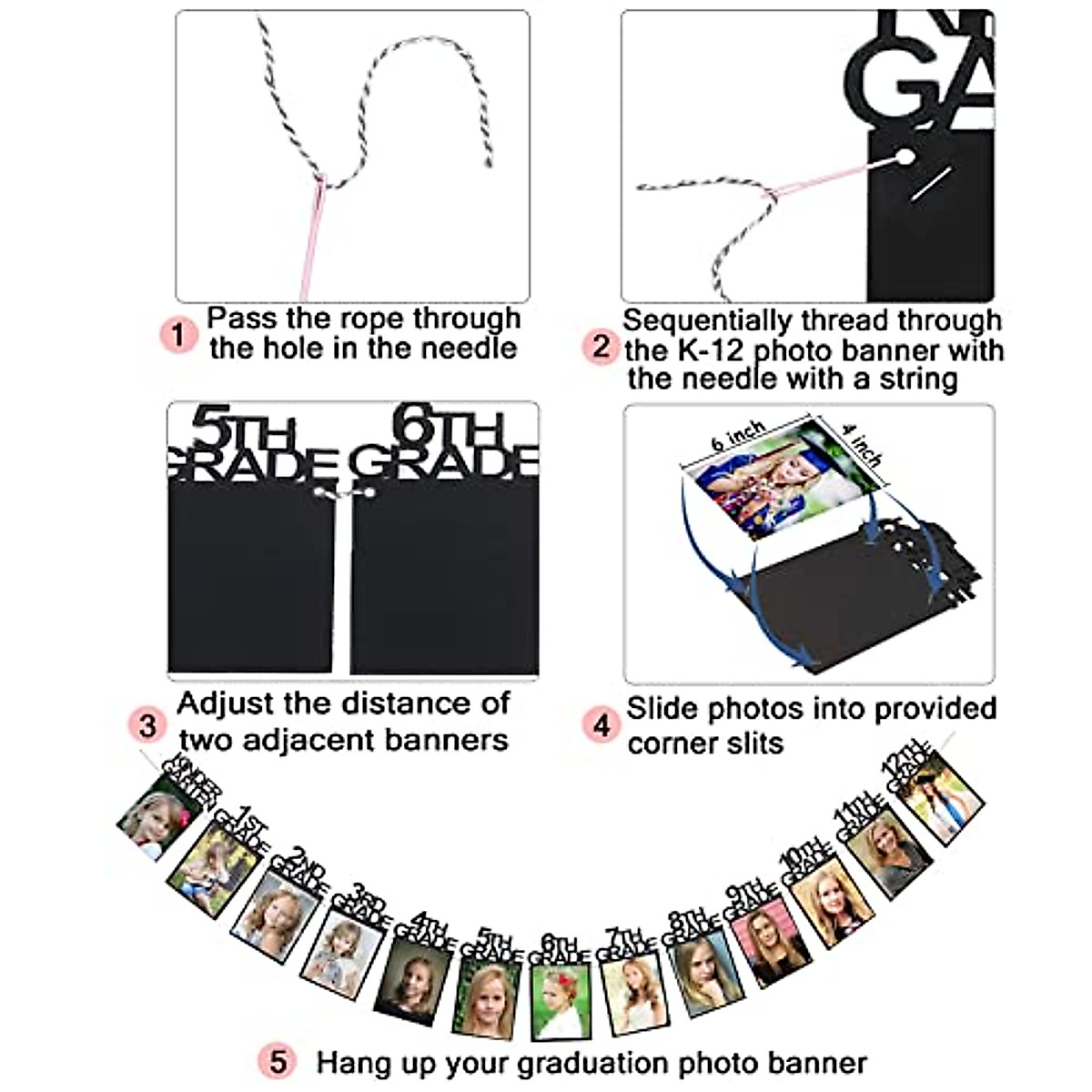 Graduation Photo Banner for 2023 Party Decorations, Kindergarten to 12th Grade Graduation Picture Banner, Middle School, High School College Graduation Party Supplies Black SG063BK