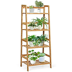 DORTALA 4-Tier Ladder Shelf, Rustic Bookcase w/Solid Bamboo Structure, Free Standing Storage Bookshelf for Living Room, Kitchen, Office, Multipurpose Plant Flower Stand, Natural