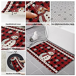 Kitchen Mat Rug 1 PCS Christmas Tres Snowman Snowflake Black and Red Plaid Buffalo Runner Rug Anti-Fatigue Comfort Memory Foam Standing Mat Non-Slip Floor Door Mat for Bathroom Bedroom 18x47in