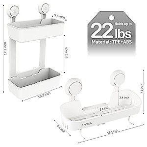 LEVERLOC Shower Caddy Double Layer Suction Cup Shower Caddy with 4 Hooks One Second Installation Shower Organizer Waterproof & Oil-proof Draining Bathroom Shelves No Drilling