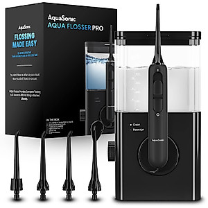AquaSonic Aqua Flosser PRO | Professional Water Flosser with Large Capacity Reservoir | Oral Irrigator w/ 2 Modes, 10 levels of Water Pressure, 4 Included Tips | Sleek & Compact | Dentist Recommended