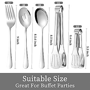 14 Pcs Polished Serving Utensils, Stainless Steel Serving Set Include Serving Spoons, Serving Fork, Slotted Serving Spoons, Serving Tongs for Home Parties Buffet,Dishwasher Safe