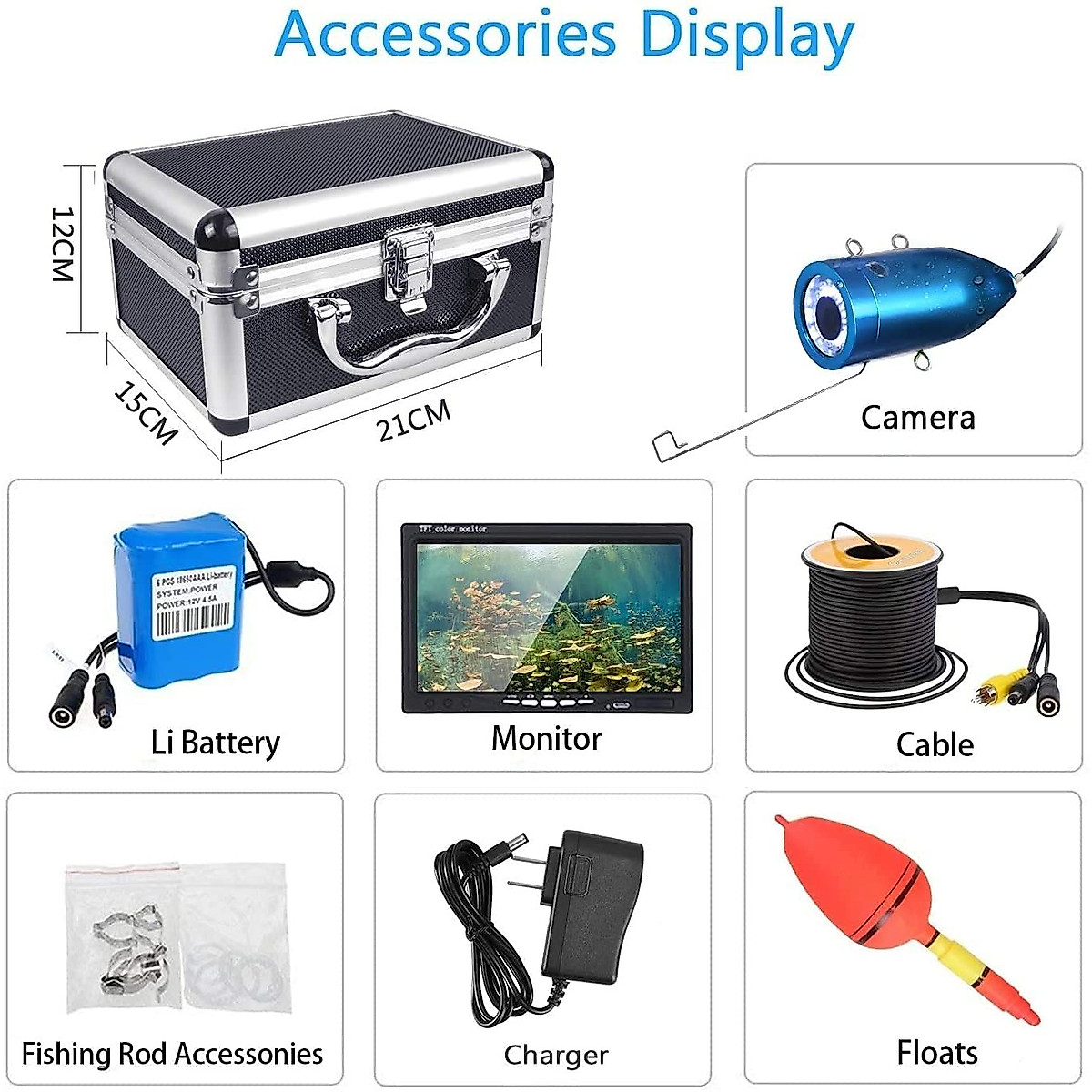 Portable Underwater Fishing Camera with Depth Temperature Display-Waterproof HD Camera and 7'' LCD Monitor-Infrared Fish Finder-Up to 8 Hours Battery Life-Ultimate Fishing Gear (15M Cable)