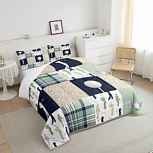 Castle Fairy Golf Plaid Comforter Set Twin Size,Ball Sports Lover Style Bedding Set for Kids Boys Men,Green Buffalo Grid Geometric Quilted Duvet Set with 1 Pillowcase