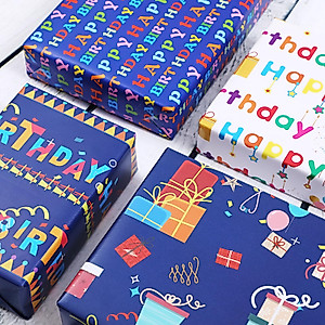 PlandRichW Birthday Wrapping Paper 12 sheets Folded Happy Birthday Gift Wrapping Paper for Kids Boys Girls Men Women Baby 4 Style Colorful Birthday Greeting Gift Wrap Paper 20 X 29 Inches
