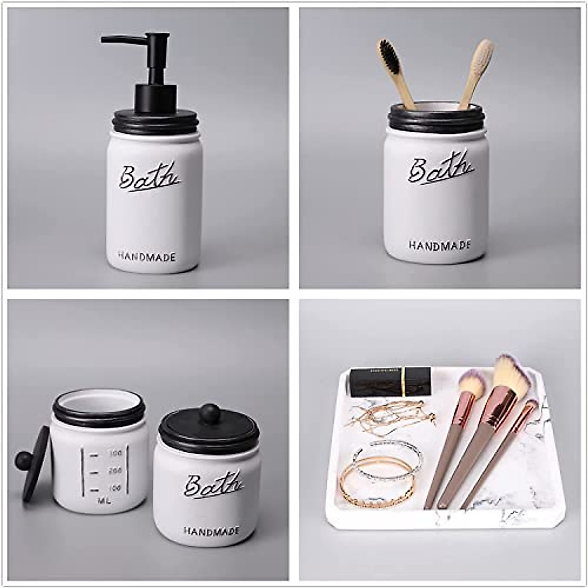 LKKL Mason Jar Bathroom Accessories - 5PCS Mason Jars Soap and Lotion Dispenser Set - Bathroom Sets 2 Apothecary Jars, 1 Toothbrush Holder, 1 Soap Dispenser, 1 Bathroom Tray (Black/White)
