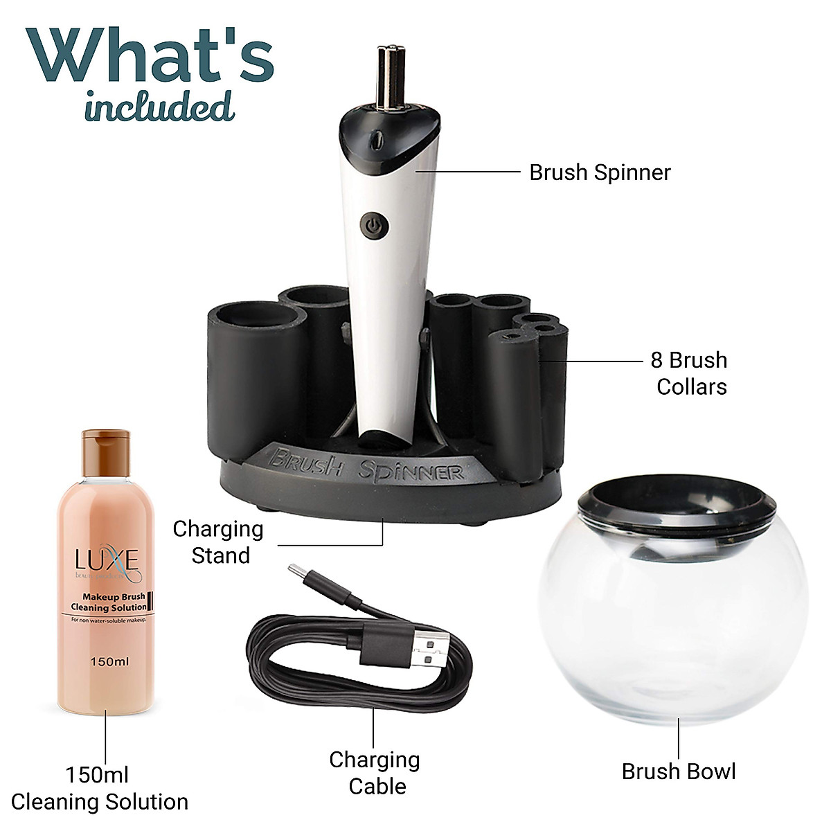 Luxe Electric Makeup Brush Cleaner Machine with Cleaning Solution - USB Charging Station, Automatic Brush Washer and Dryer - 3 Adjustable Speeds for Easy Cleaning - Complete Set for Hygienic Brushes