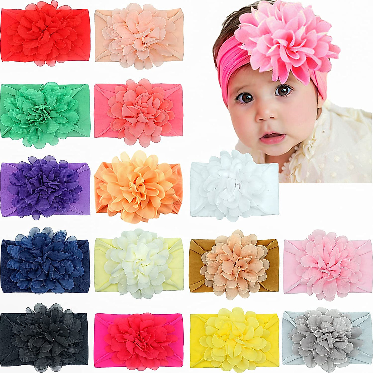 CÉLLOT 15 Pieces Baby Girls Headbands Tulle Hair Bows Head Wraps Chiffon Flowers Bows Soft Stretchy Turban Headbands for Newborn Infant Girls and Toddlers