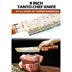 YOUSUNLONG Tanto Kitchen Knife - 8 Inch Japanese Handmade Chef Knife - Razor Sharp Copper Damascus Steel Blade - Cleaver Carving Knife - Naturel Burl Wooden Handle with Leather