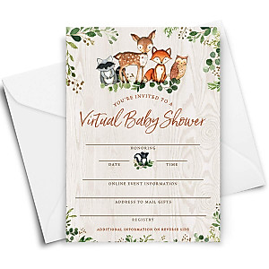 Printed Party Virtual Baby Shower by Mail, Woodland Forest Animals, Set of 5 Double-Sided Invitations, Games, Activities and Thank You Cards