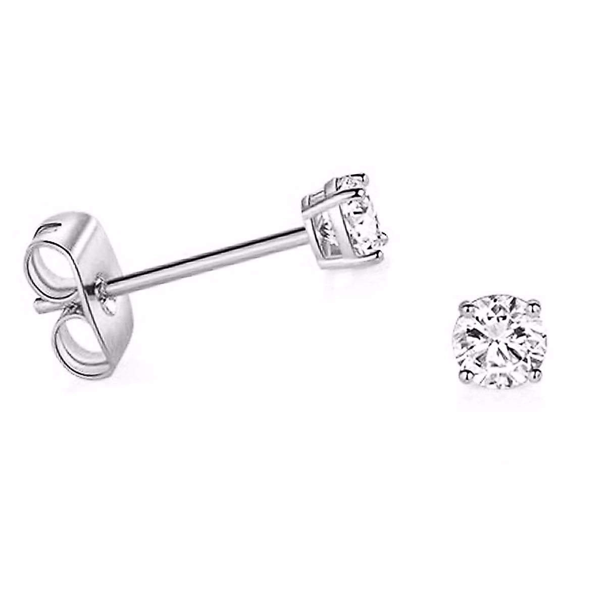 14k White Gold Solitaire Round Tint Cubic Zirconia Small CZ Stud Earrings with 14k Gold butterfly Push-backs (3mm)