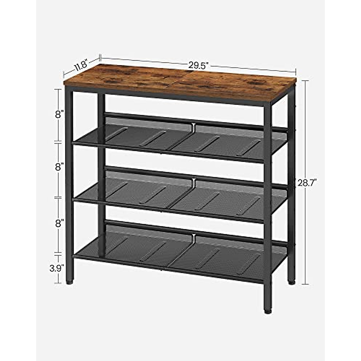VASAGLE Shoe Rack for Entryway, 4 Tier Shoe Storage Shelves, 12-15 Pairs Shoe Organizer, with Sturdy Wooden Top and Steel Frame, Free Standing, Industrial, Rustic Brown and Black ULBS040B01