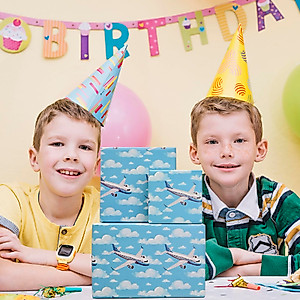 NARCSCHICHU Airplane Wrapping Paper Blue Design Gift Wrapping Paper with Plane Cloud Pattern for Baby Shower Boy Girl Birthday Wedding Holiday - 20 X 28 Inches Per Sheet