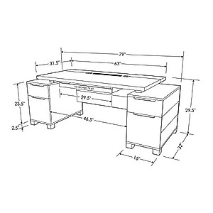 Zuri Furniture 79" Modern Ford Executive Desk with Filing Cabinets - White