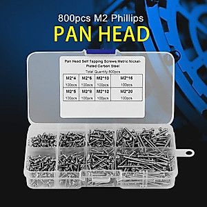 800pcs M2 Cross Drive Pan Head Self-Tapping Screws Woodworking Fastener with Box