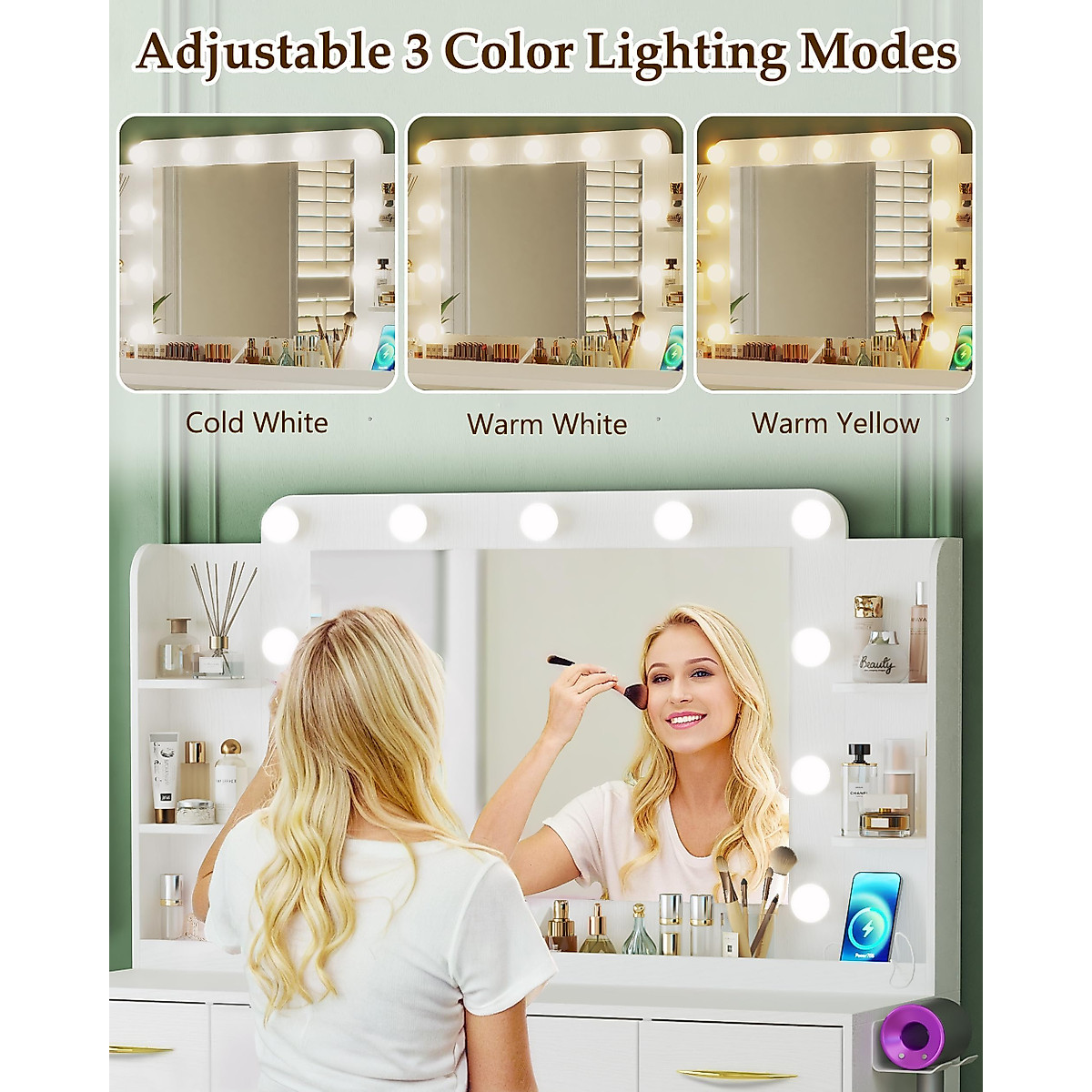 ALEXNUTRE Make up Vanity Desk with Mirror and Lights, Vanity with Lights 3 Models Settings, Vanity with Power Outlet, Vanity Desk with 5 Drawers, 2 Cabinets, Shelves, Makeup Vanity for Bedroom, White