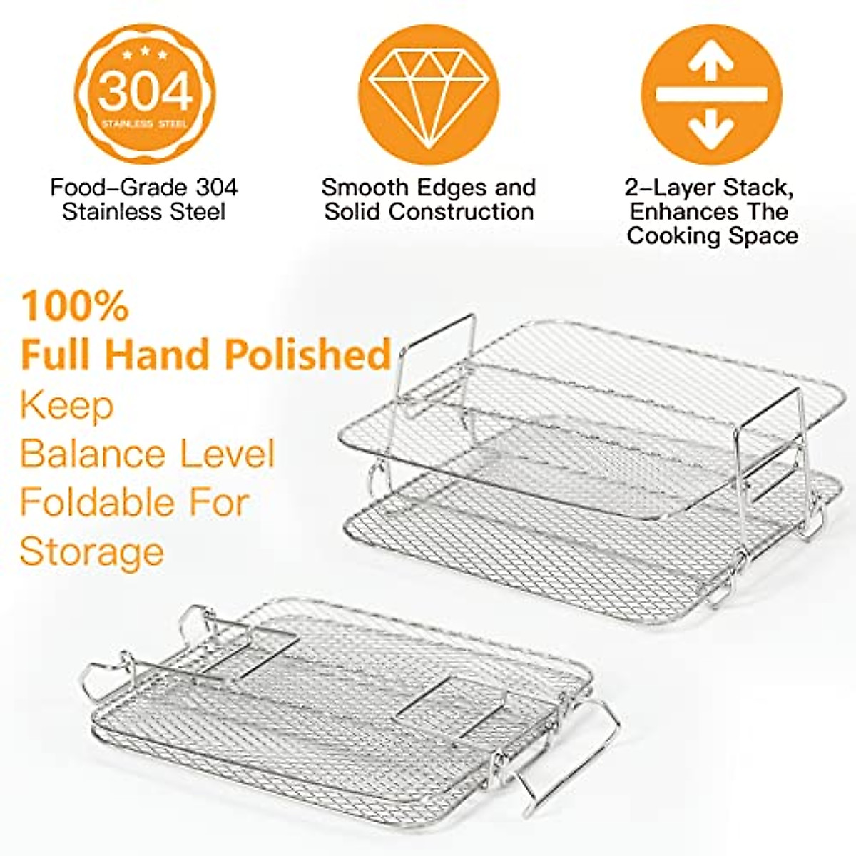 XIFEPFR Air Fryer Rack for COSORI Air Fryer 5.8Qt, 8 inch Square Double Stackable Racks, 304 Stainless Steel Multi-Layer Dehydrator Rack Air Fryer Accessories with Cooking Tongs Parchment Paper Liners