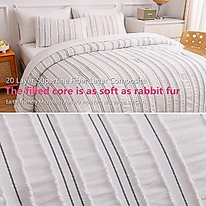 AIKASY Boho Bed in a Bag 7 Pieces Queen Size, Black/White Tufted Comforter Set, Stripe Pattern Design, All Season Cozy Cover with Sheets (Dashed line,90"x90")
