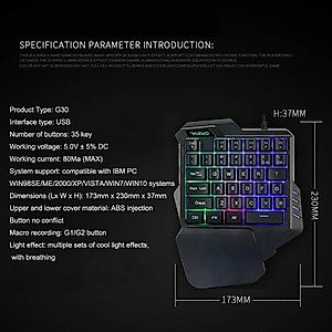 HiGOGO G30 Wired 35 Keys One-Handed Gaming Keypad, Rainbow LED Backlight with Large Wrist Pad (Black)