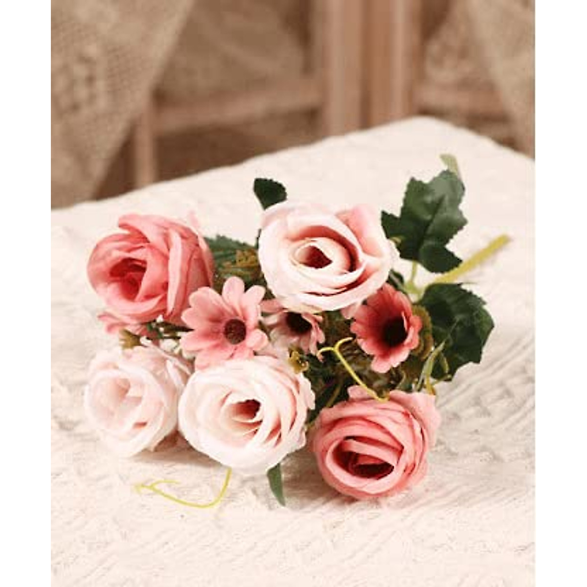 HENJADE Artificial Flower European-Style 5-Head Curling Rose Bouquet Wedding Decoration Home Simulation Rose Fake Flower (Pink)