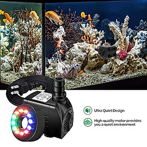 Fountain Pump with Led Lights, 220GPH 15W Submersible Water Fountain with 63" High Lift for Aquarium Fish Tank Pond Hydroponic 5.9ft Power Cord, 2 Nozzles