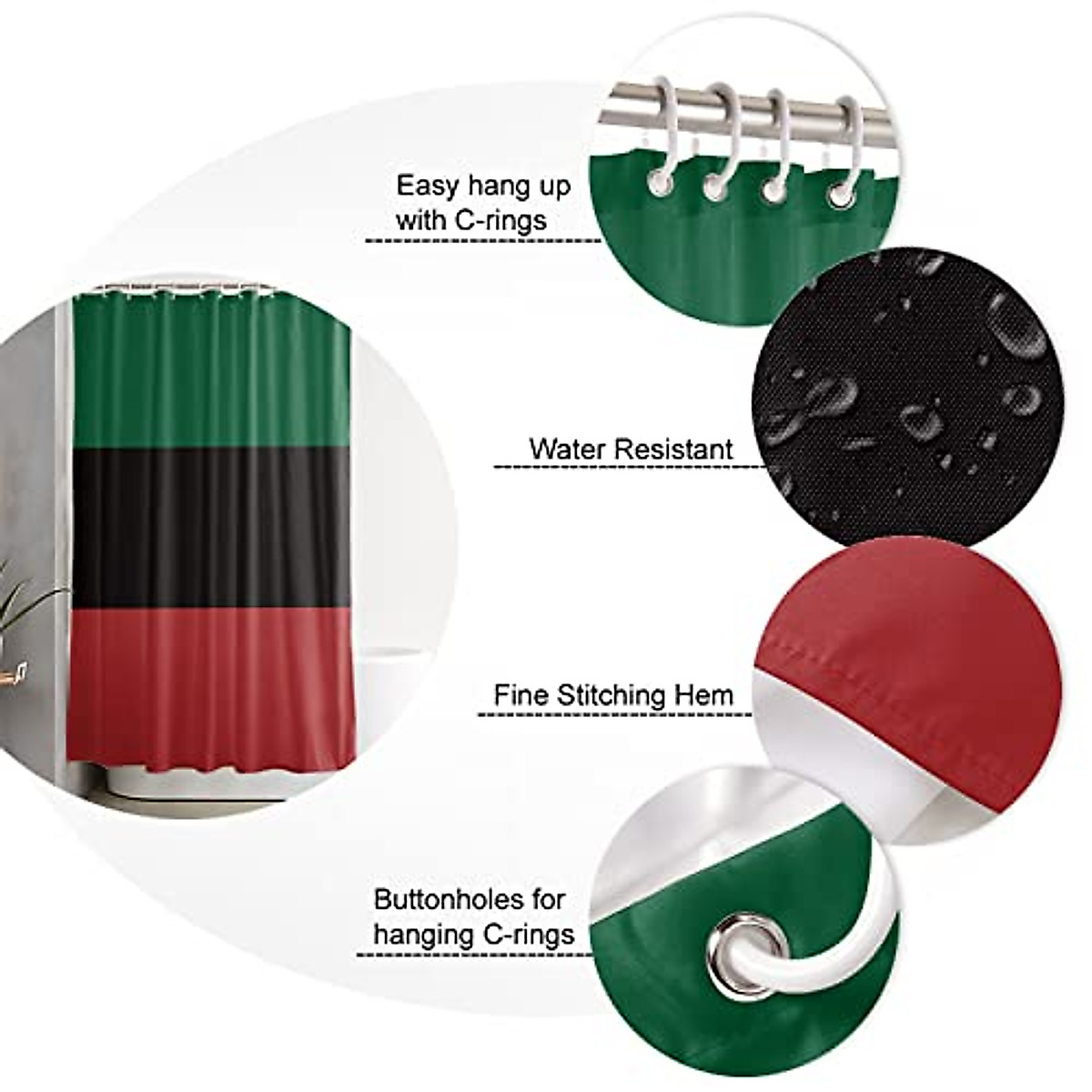 Shower Curtain Set with Bathroom Rugs and Mats Independence Day USA Flag Black Red Green Stripe Bathroom Rugs Set 4 Piece, Non-Slip Rugs,Toilet Lid Cover Bath Mat, Waterproof Shower Curtain for Tub