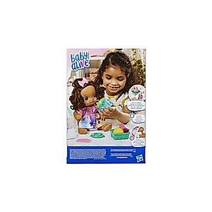 Baby Alive Fruity Sips Doll, Lemon, Toys for 3 Year Old Girls, 12-inch Baby Doll Set, Drinks & Wets, Pretend Juicer, Kids 3 and Up, Brown Hair