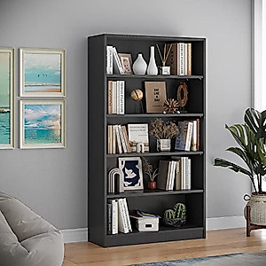 STARY 5 Shelf Bookcase Carbon Black Tall Bookshelf for Bedroom 5 Tier Modern Wood Bookshelf 33" Wide 60" Tall
