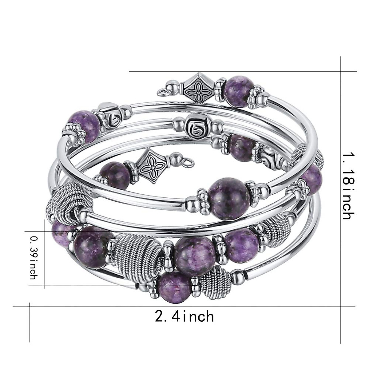 PEARL&CLUB Beaded Chakra Bangle Turquoise Bracelet - Fashion Jewelry Wrap Bracelet with Thick Silver Metal and Mala Beads, Birthday Gifts For Women(Purple)