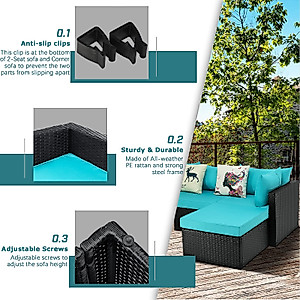 VITESSE Patio Furniture Sets All Weather Outdoor Sectional Sofa Manual Weaving Wicker Rattan Patio Conversation Set with Cushion and Glass Table (5 Pieces, Light Blue)