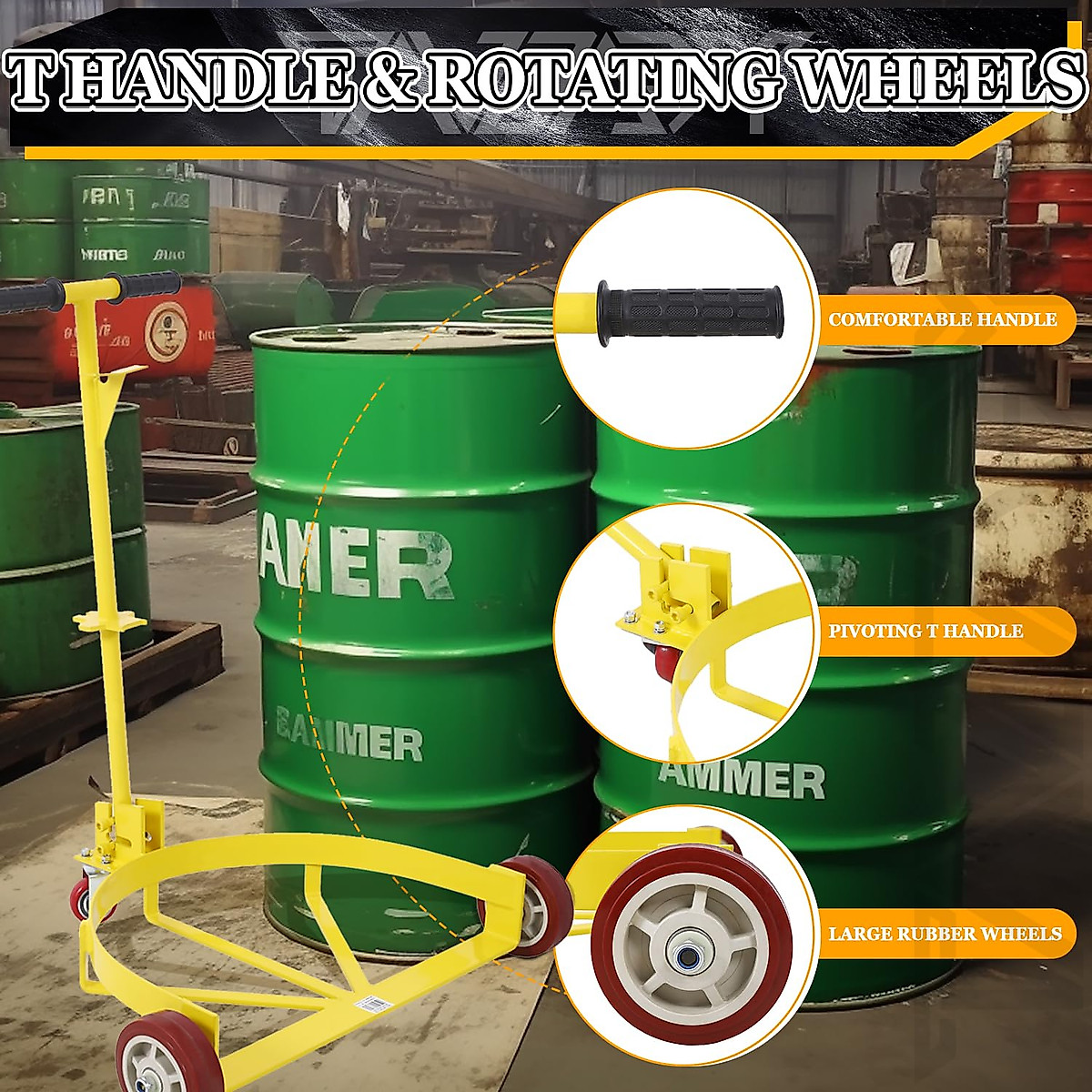 Tandagy 55 Gallon Drum Dolly 1200lbs Capacity Oil Drum Cart with Pivoting T Handle Low Profile Oil Barrel Drum Roller Cart Heavy Duty Oil Drum Caddy with Rotating Wheels for Workshop Factory Warehouse