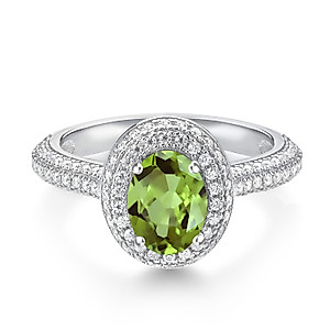 Gem Stone King 925 Sterling Silver 8X6MM Oval Gemstone Birthstone and White Moissanite Halo Engagement Ring | Wedding Anniversary Promise Ring For Women | Size 5,6,7,8,9