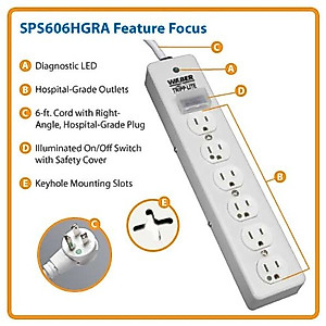 TRIPP LITE SPS606HGRA Surge Protector Strip Medical RT Angle Plug 6 Outlet 6-Feet Cord Light Gray