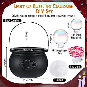 Liliful Light up Bubble Cauldron DIY Set, 7.68" Black Plastic Witches Cauldron with Handle 24 Pcs Clear Plastic Balls and String Light Halloween Cauldron Candy Bowl for Halloween Decorations (Red)