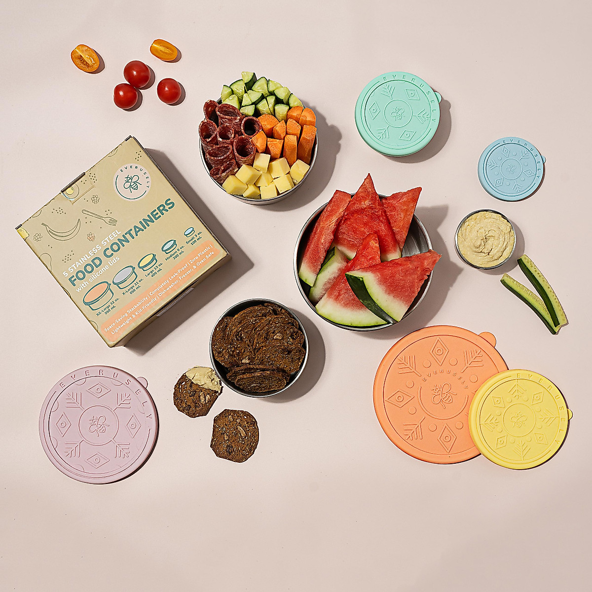 Everusely Stainless Steel Containers With Lids, Stackable Toddler Snack Containers, Leak-Proof Stainless Steel Lunch Box for Kids, Metal Food Storage Containers, Bento Box for Salad, Kids Lunch Box