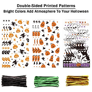 LOMIMOS 150PCS Halloween Cellophane Candy Bags, Clear Plastic Treat bags with 300PCS Twist Ties for Snacks cookies Gift Supplies