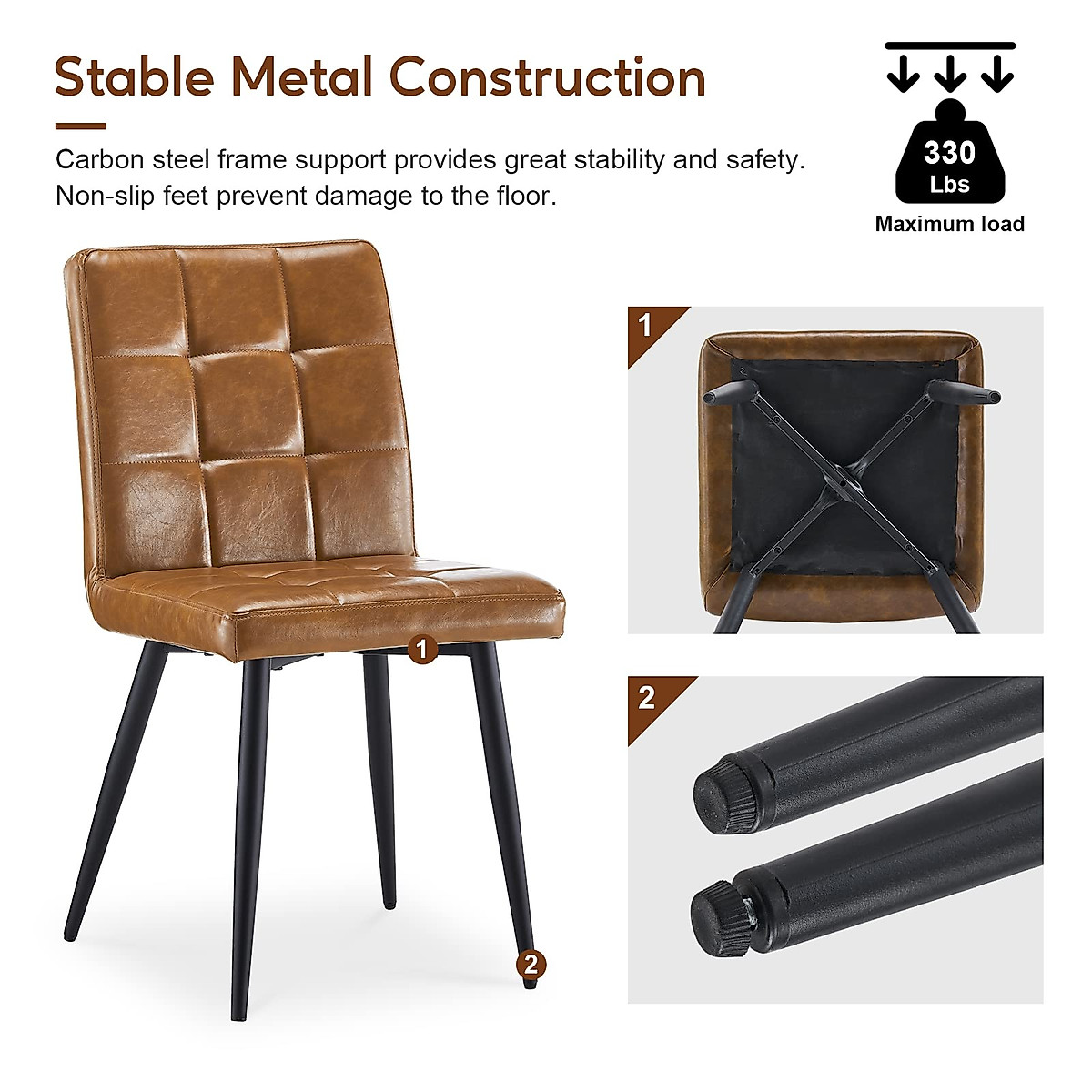 CLIPOP Kitchen Faux Leather Dining Chairs set of 4, Mid-Century Modern Dining Chair with with Square Grid Backrest Heavy Duty Metal Legs, Armless Kitchen Accent Chair for Living Room, Light Brown